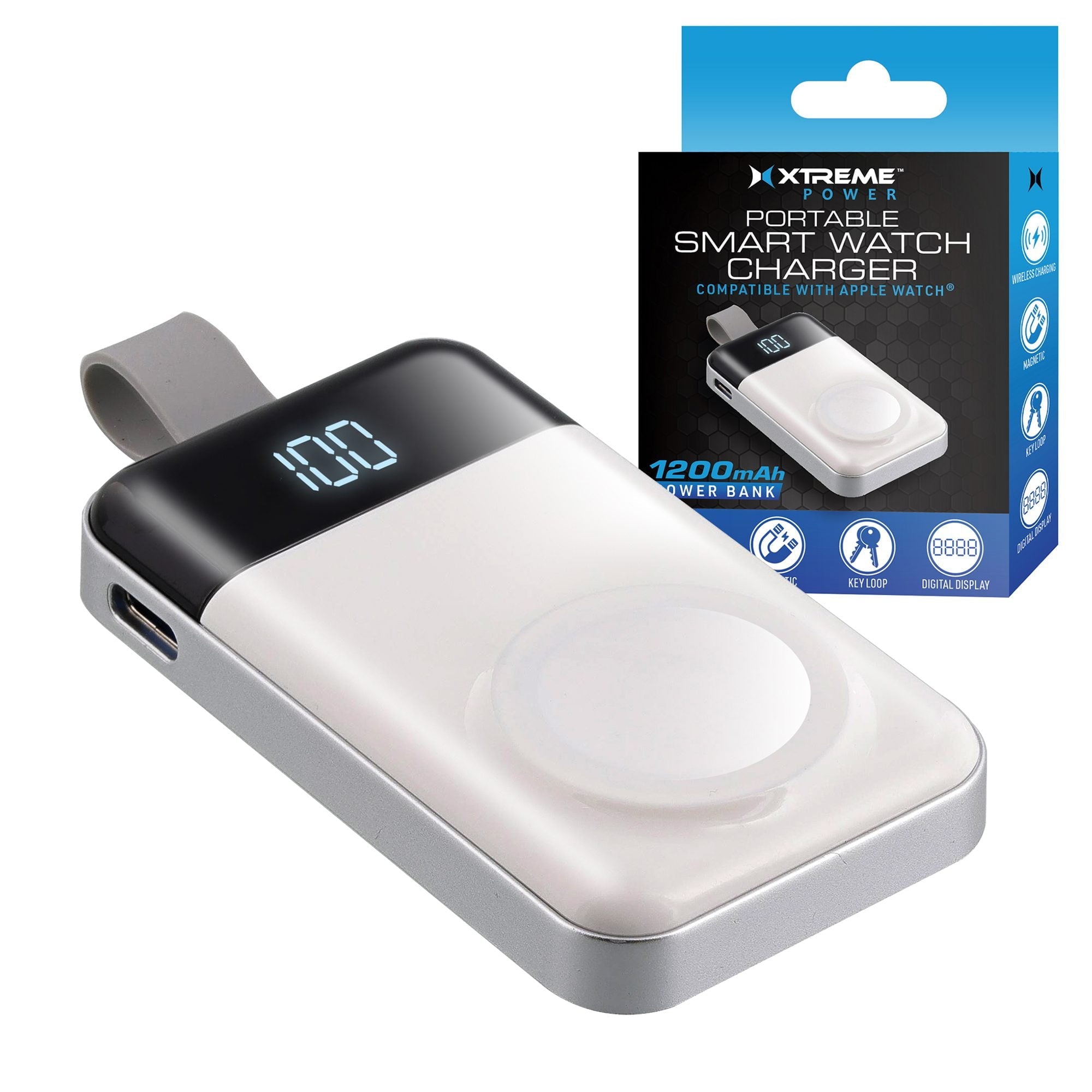 Xtreme Portable Smart Watch Charger with 1200mAh Power Bank, Type-C In
